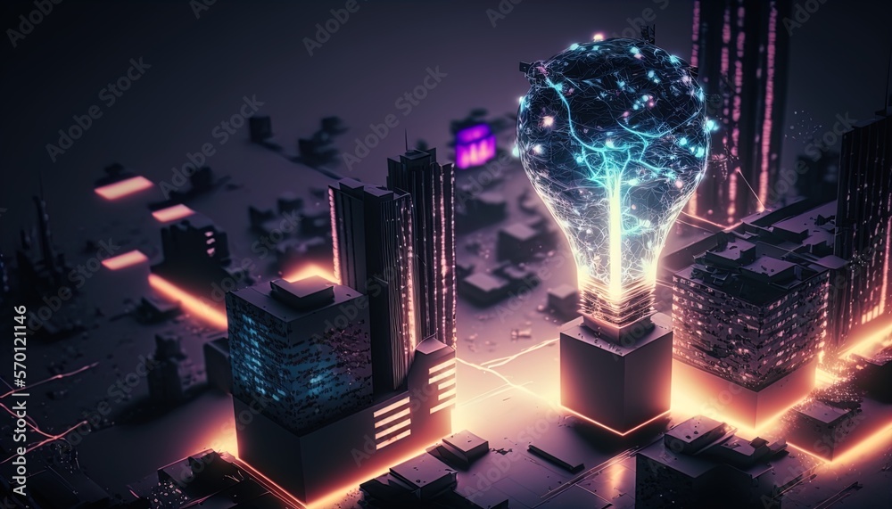Digital futuristic imaginative smart city illustration, connected ...
