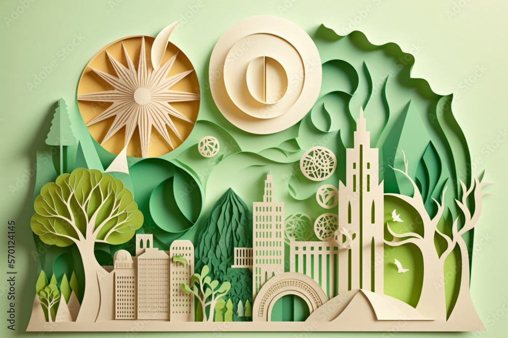 Paper art style ,Paper cut of eco city design Green energy concept and ...
