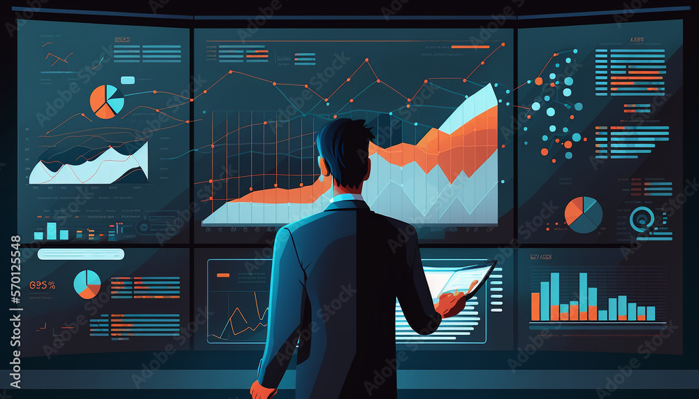 Illustration of Man analyst analyzing data and creating insight reports ...