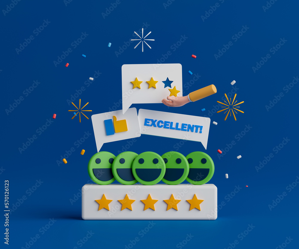 Smile face emoticon on five stars podium. Customer service review and ...