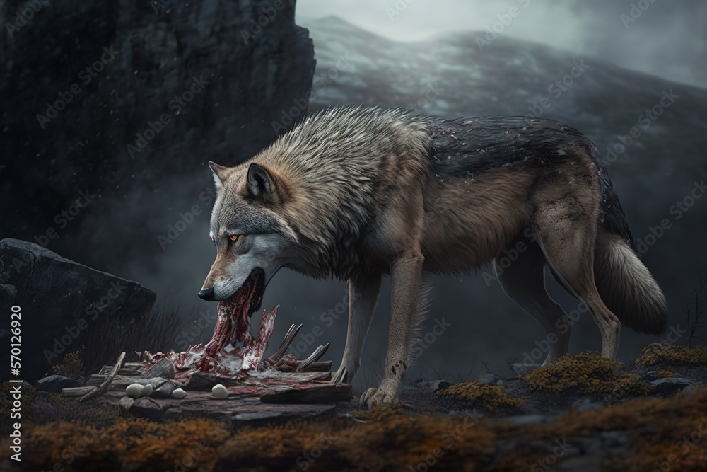 Male Wolf hunt prey and eat carcasses in the mountain, AI generated ...