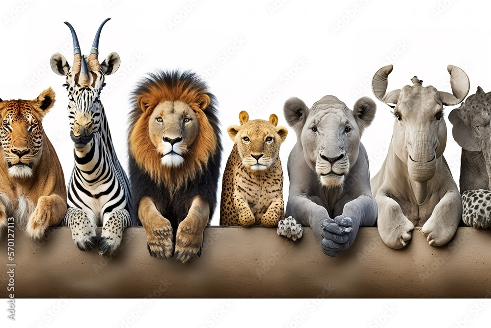 A row of African safari animals hanging their paws over a white banner ...