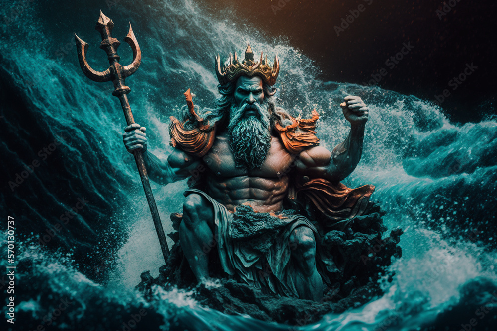 The statue of Poseidon with three forks stands in the waves Stock ...