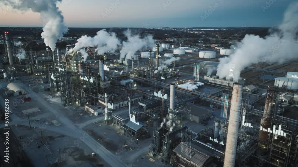 Large American refinery with charts and data analytics. Aerial view of ...