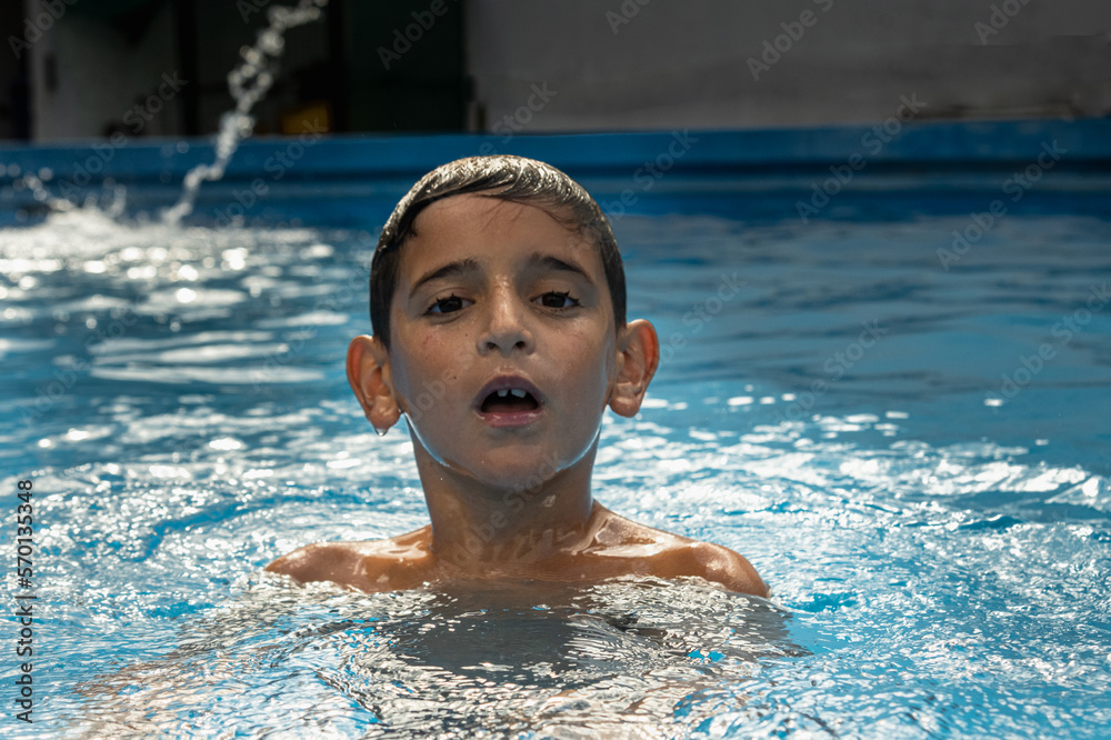 male child in a swimsuit in different pool situations in the water meme ...