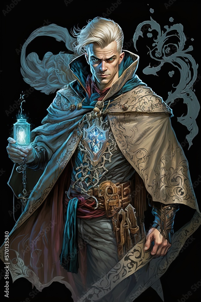 Full body view of a beautiful male sorcerer illustration, Magic ...