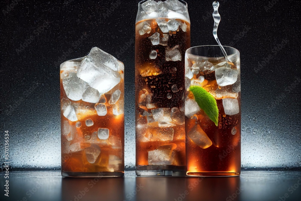 macro cola drink texture,macro soft drink texture,Close up view of ice cubes in dark cola ...