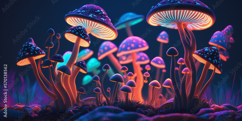 Psychedelic mushrooms growing in a fantasy forest. Neon and uv lights ...