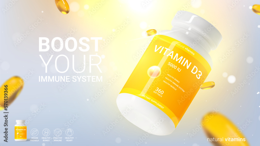 Minimalistic ad banner of vitamin d3. 3d vector illustration of dietary ...