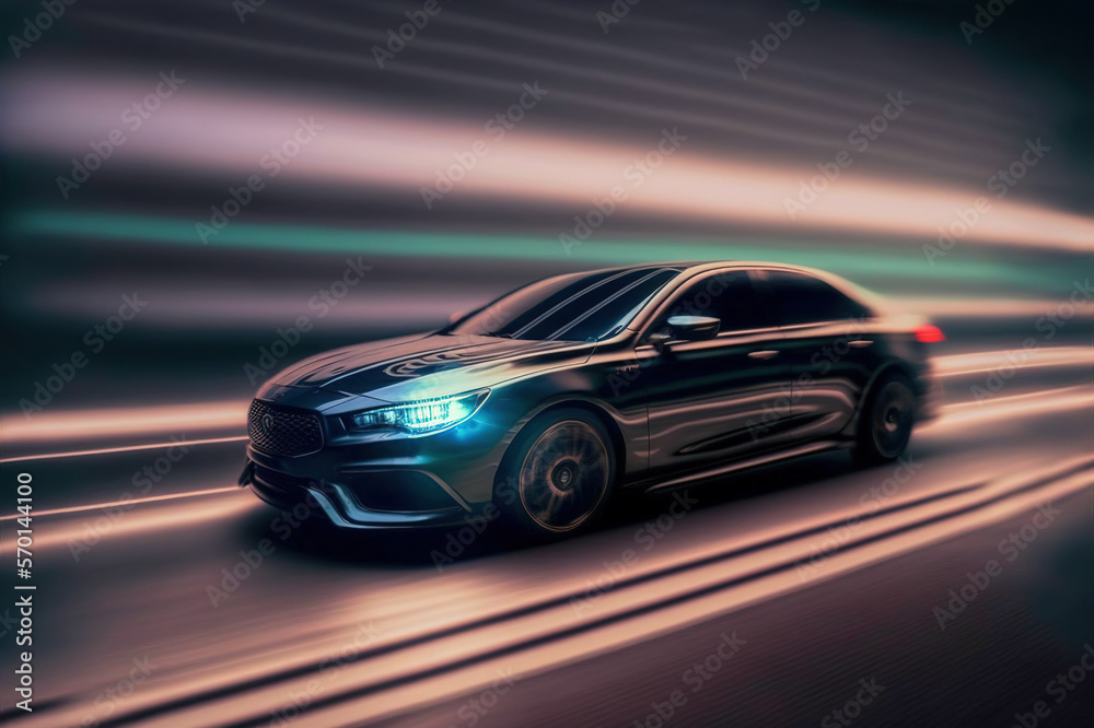 Sports car driving at fast speed on city road with motion blur effect ...