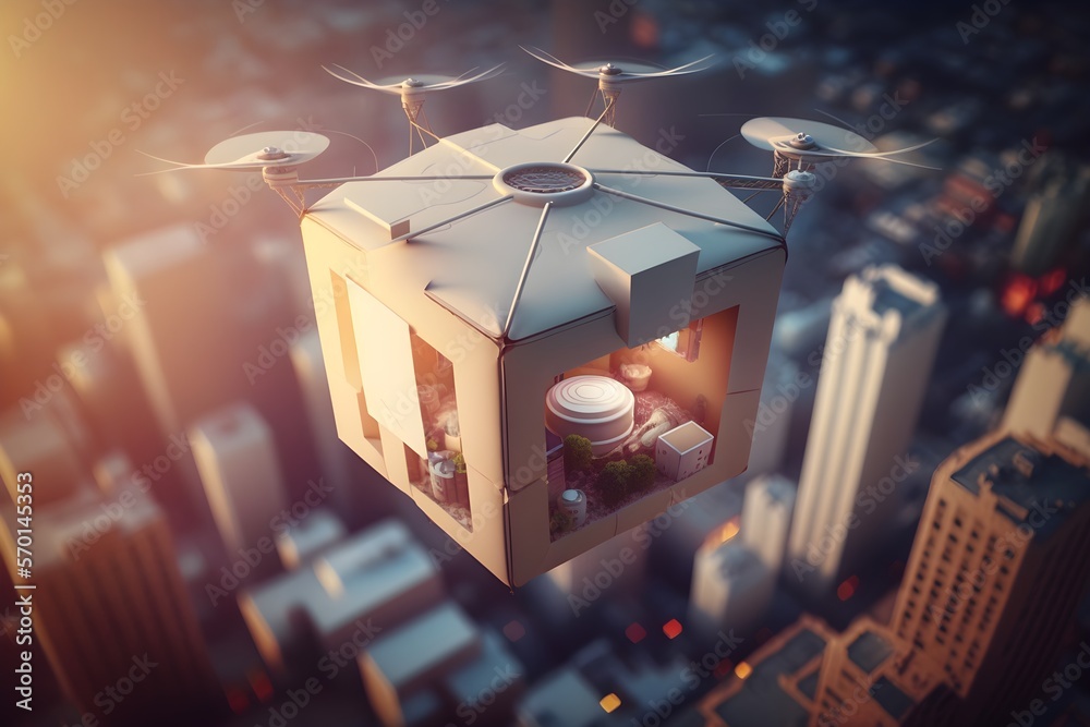 Drone delivering food box in city, Autonomous delivery robot ...