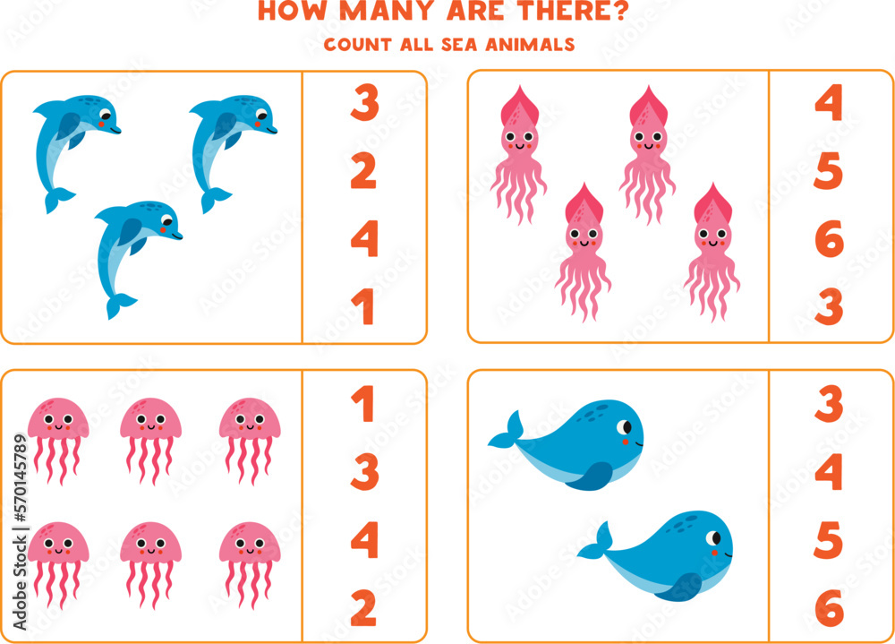 Counting game with cute sea animals. Educational worksheet. Stock ...