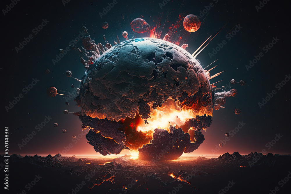 explosion of a planet in outer space from a collision with a meteorite ...