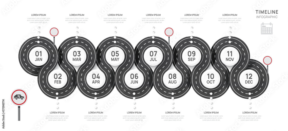 Infographic road timeline presentation for 1 year, 12 months. elements ...