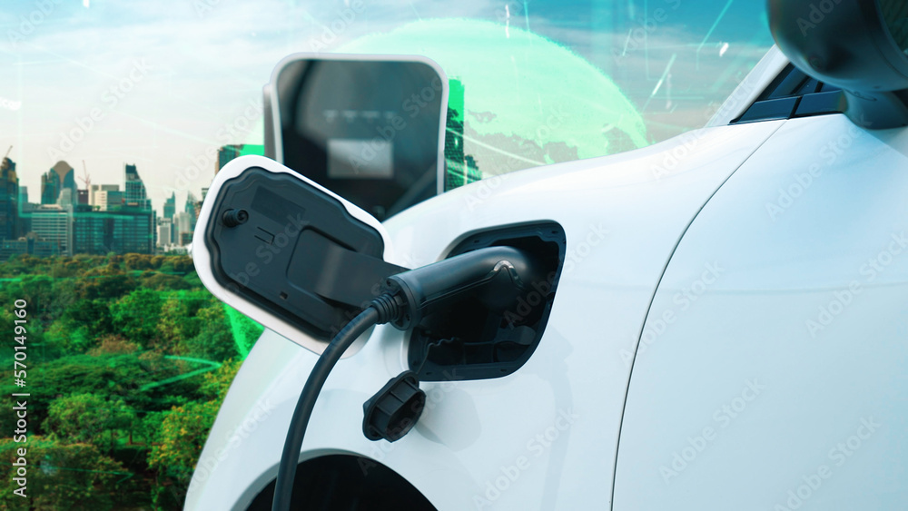 Progressive green city ESG symbol background with electric vehicle, EV ...