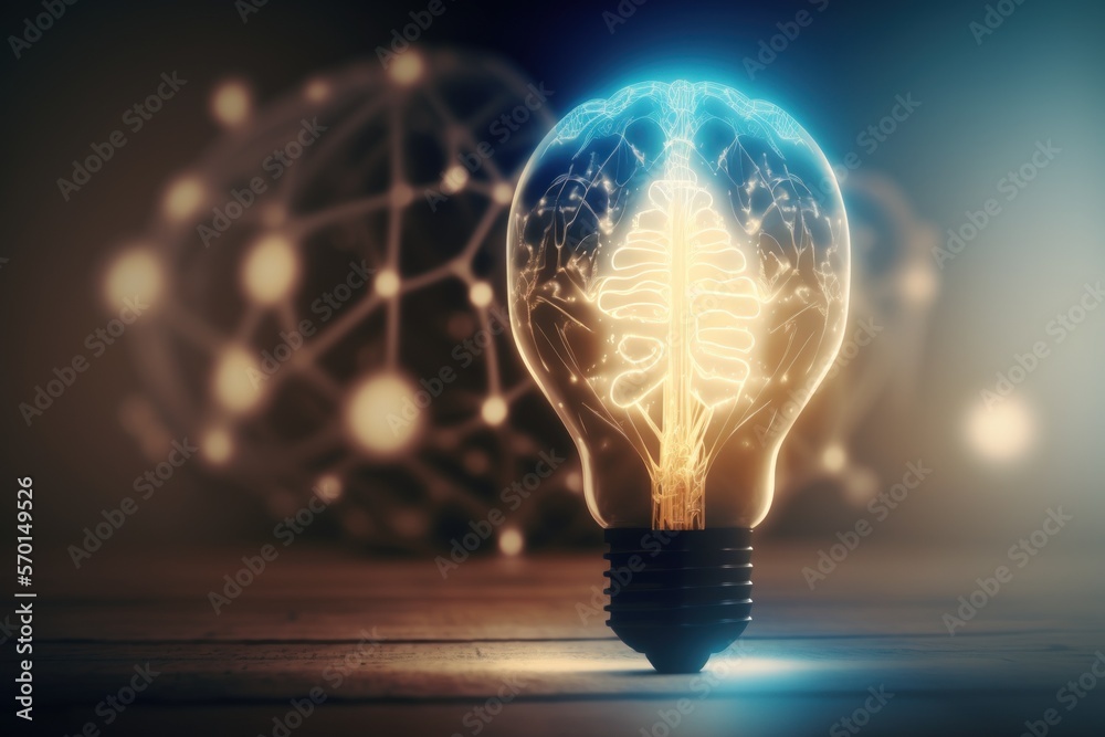 Artificial intelligence and neural networks concept, abstract virtual creative light bulb with ...