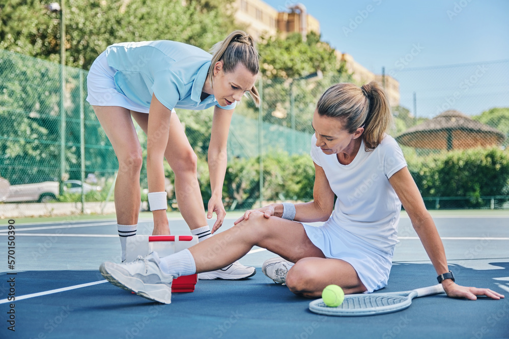 Tennis, medic with first aid and woman with knee pain, torn muscle or ...