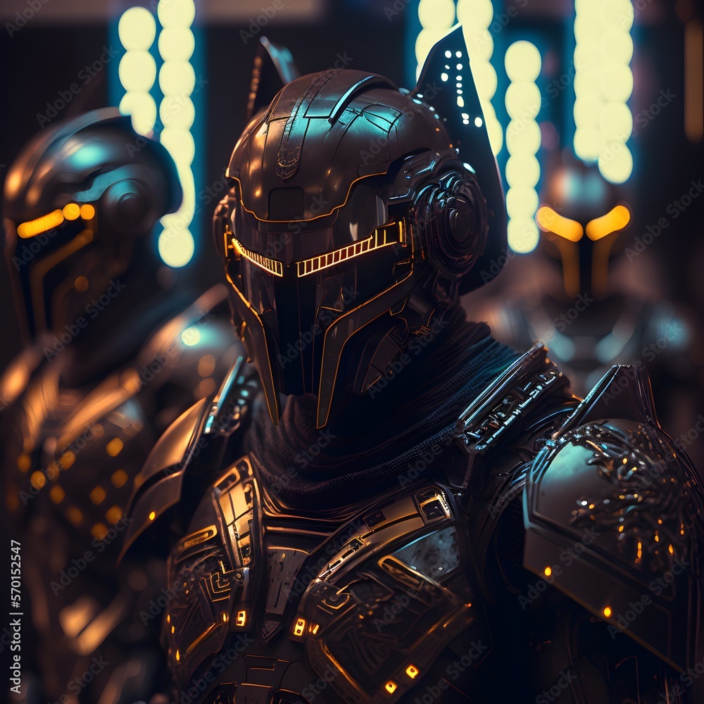 an army of futuristic warriors with a full metal black helmet in a ...
