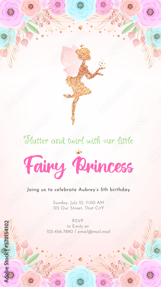 Fairy birthday party invitation template. Gold sparkling silhouette of ...