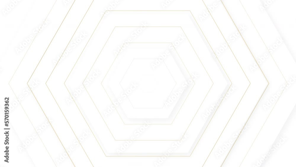 White minimal geometry abstract background with elegant golden hexagons motion design. Seamless ...