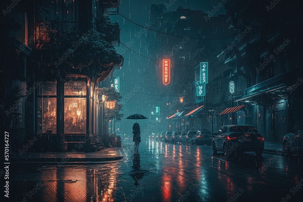 rainy city street at night , ai generated Stock Illustration | Adobe Stock