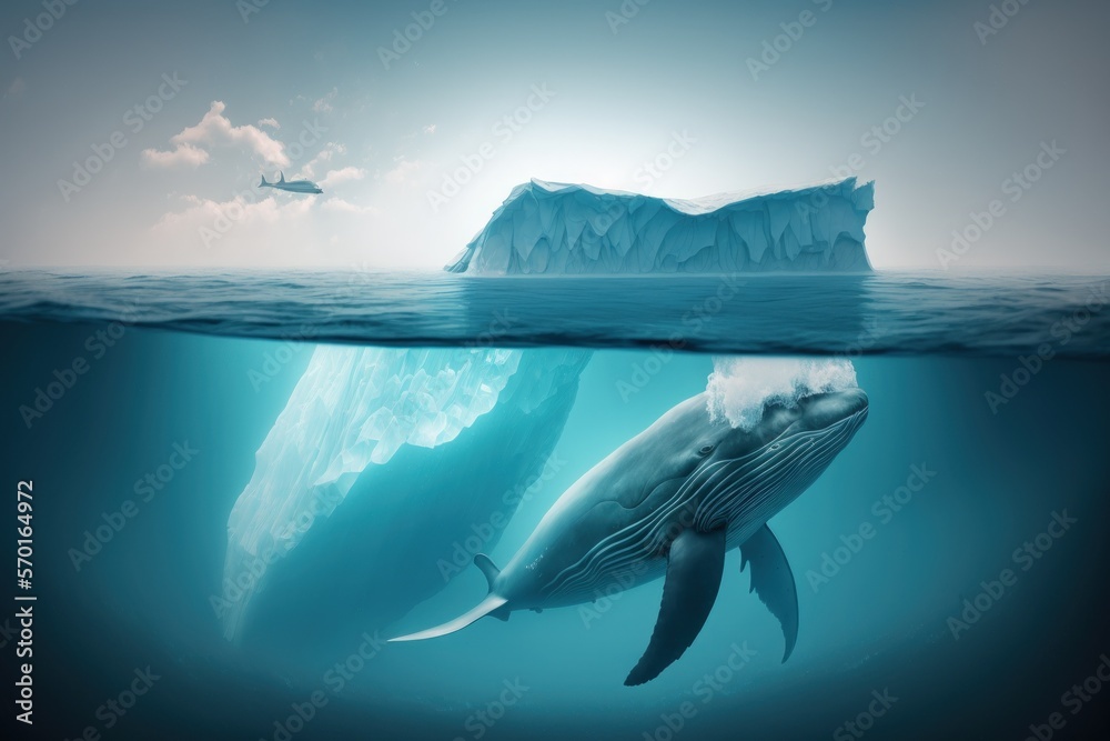 A whale and an iceberg are submerged in the water. Sea life is wild. A stunning whale and ...