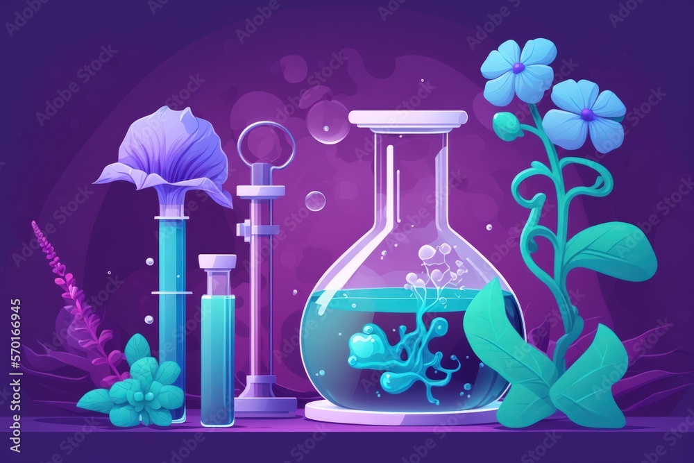 Blue laboratory background with a purple flower, glass flask, and vial ...