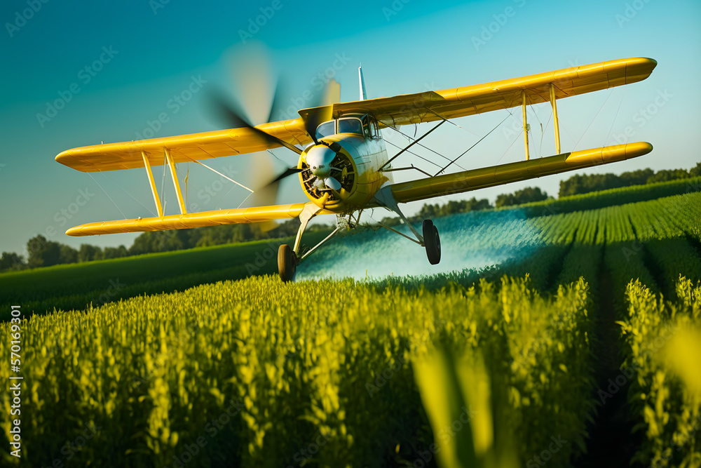Crop light engine duster or aerial applicator, flying low, and spraying ...