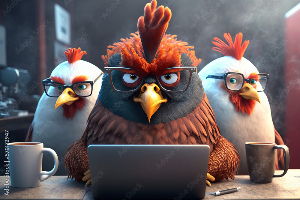 Angry rooster and two hens behind a laptop, office work concept ...