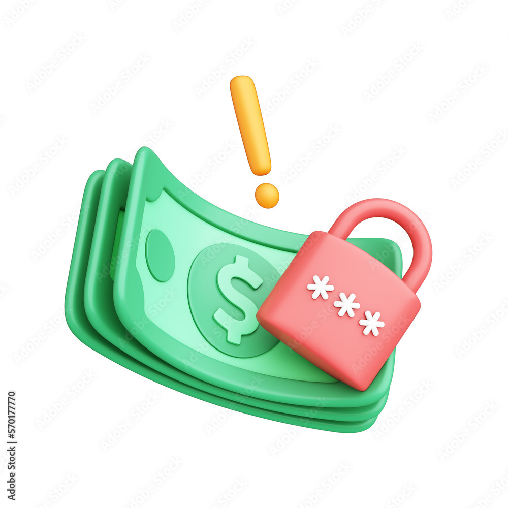 US dollar objects and red padlocks with asterisks and exclamation marks ...