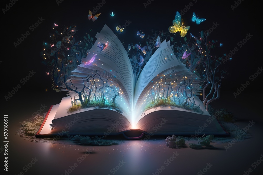 Magic book of fairy tales with open pages, magical shining starlight ...