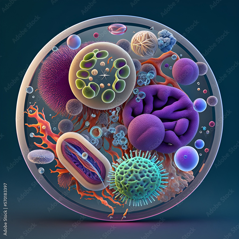 Microcosm under a microscope in a Petri dish. A multifold enlarged ...