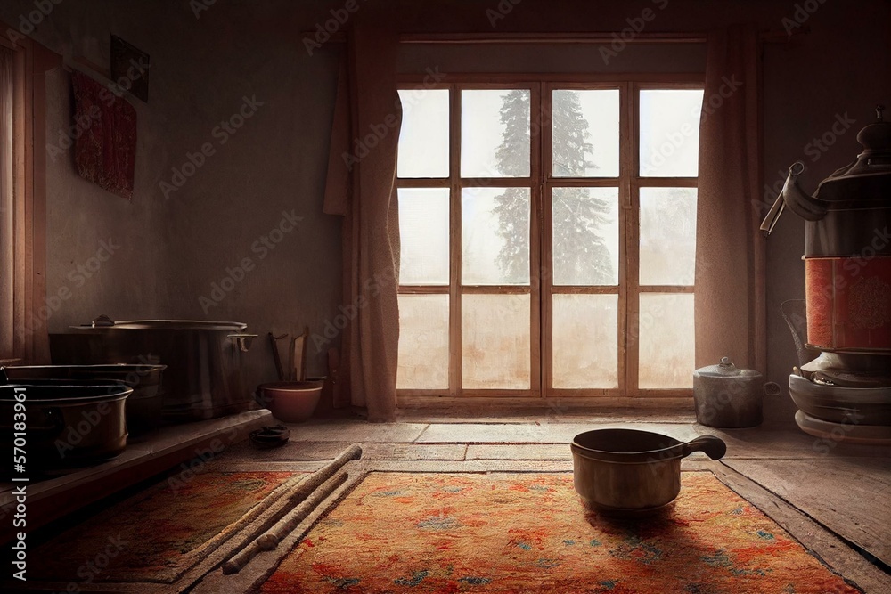 The inside of the Russian cabin was empty. Stove, pots, seat, rug ...
