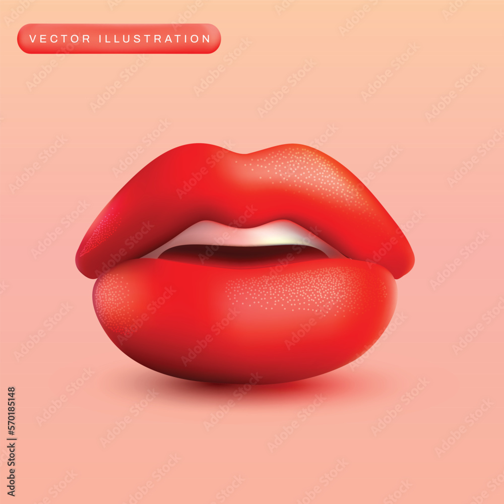 Red women's lips. Realistic 3d design In cartoon style. Vector ...