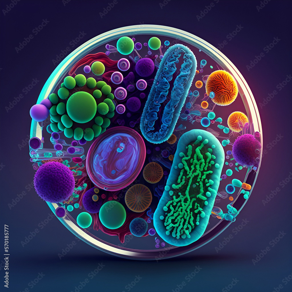 Microcosm under a microscope in a Petri dish. A multifold enlarged ...