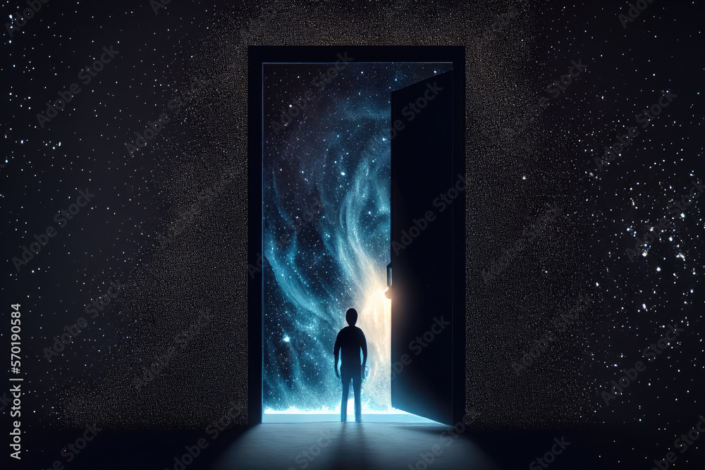 Human silhouette standing in front of open door and looking into space ...