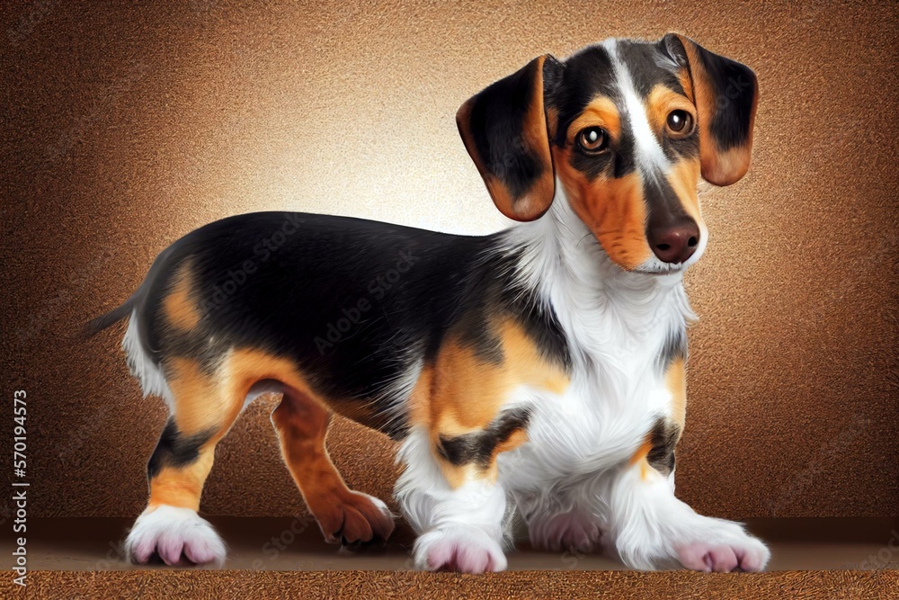 Adorable piebald Dachshund aka Teckel pup, sitting in a golden basket ...