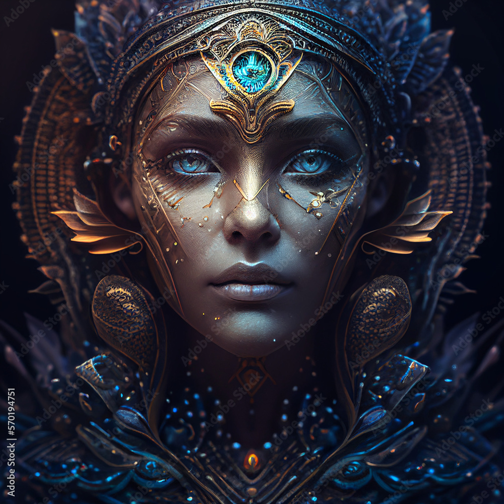 statue of an oracle with blue eyes and the third eye glowing Stock ...