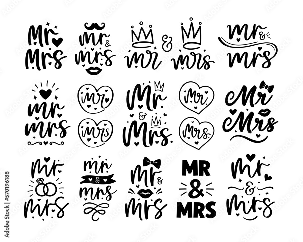 Hand lettering mr and mrs wedding bride groom couple love heart ...