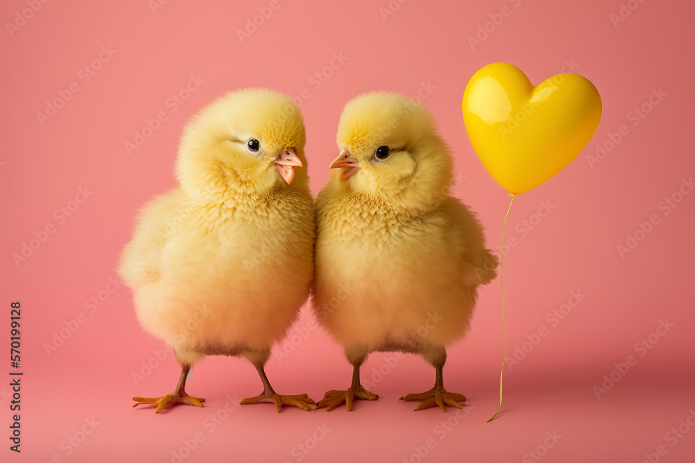 Cute chicken couple holding valentine heart shape balloon on pastel ...