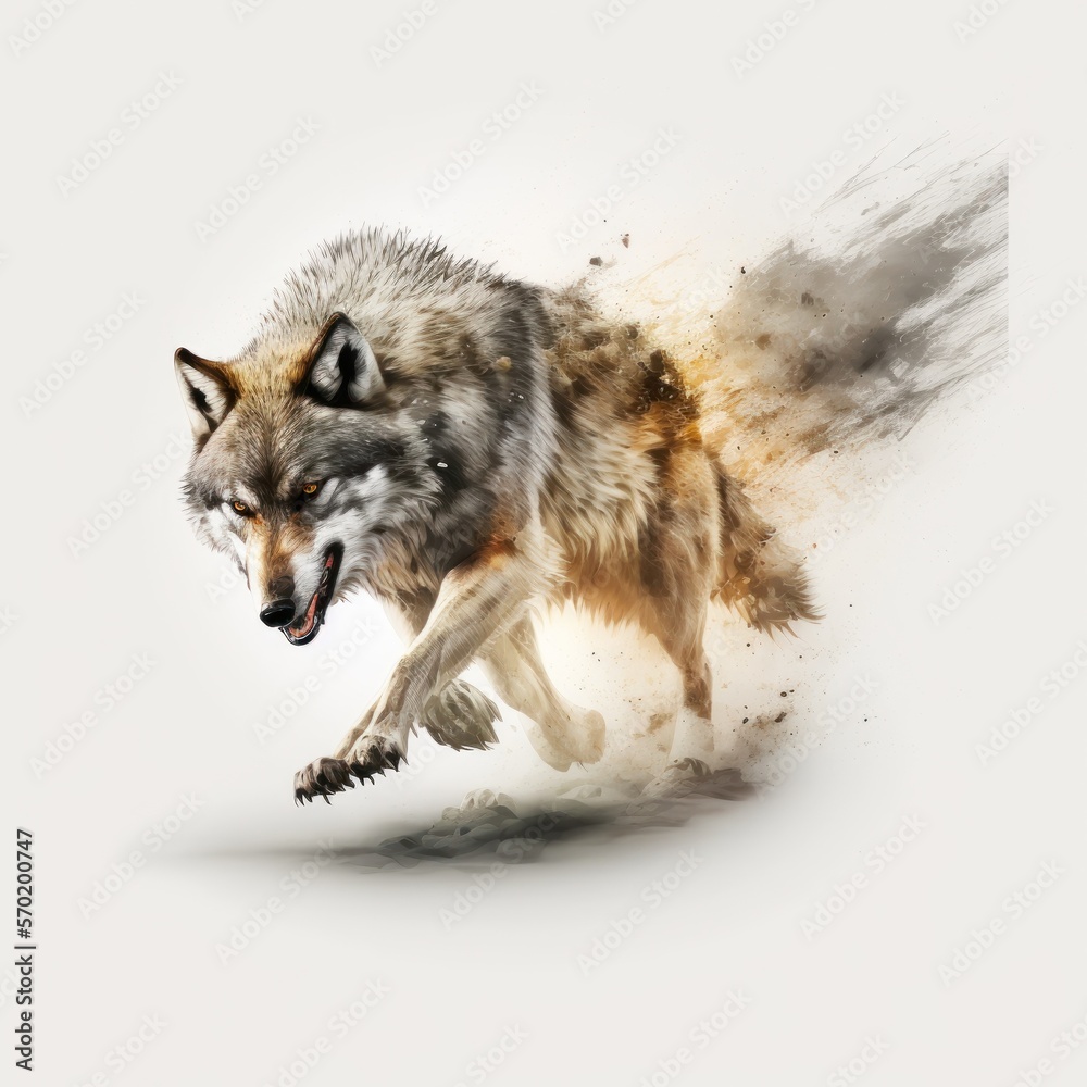 wolf attacking,running, jumping,action pose,tattoo, White background ...