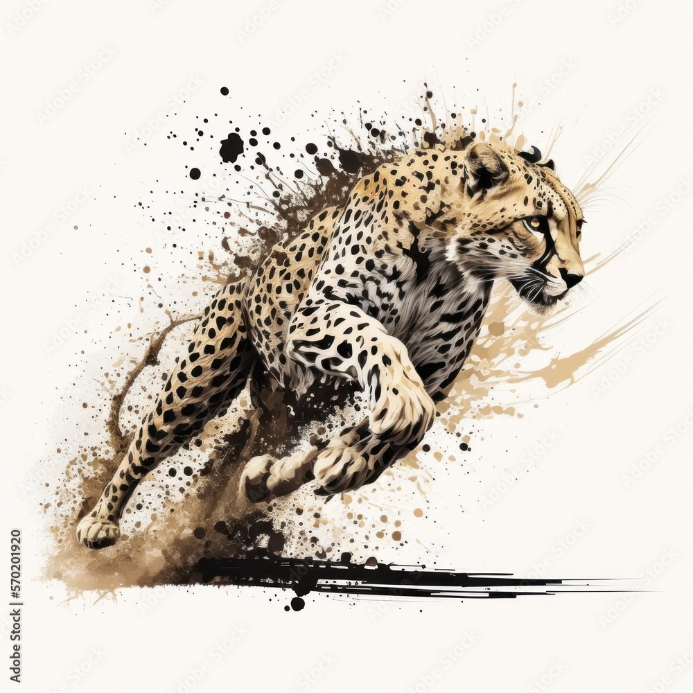 cheetah attacking,runng, jumping,action pose,tattoo, White background ...