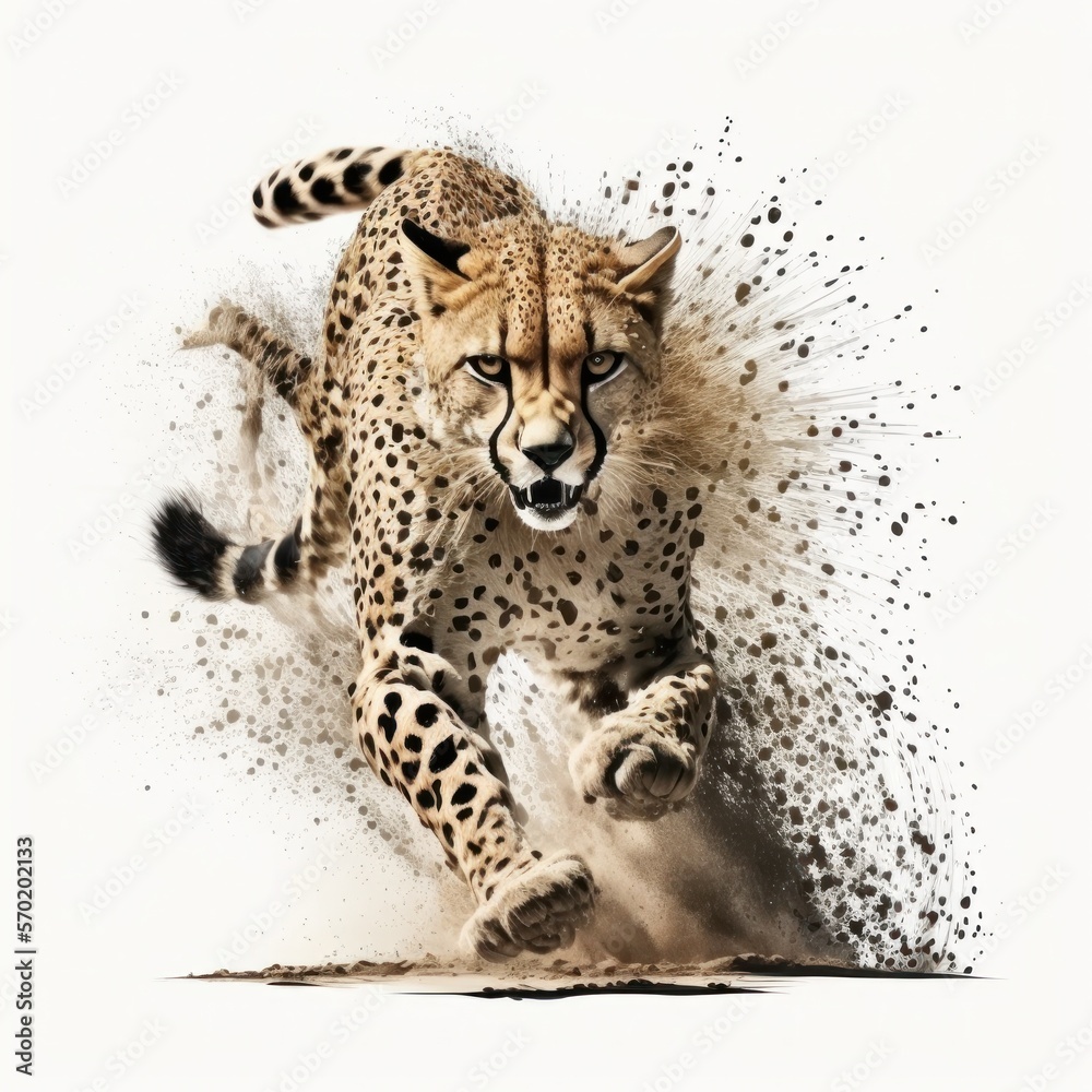 cheetah attacking,runng, jumping,action pose,tattoo, White background ...