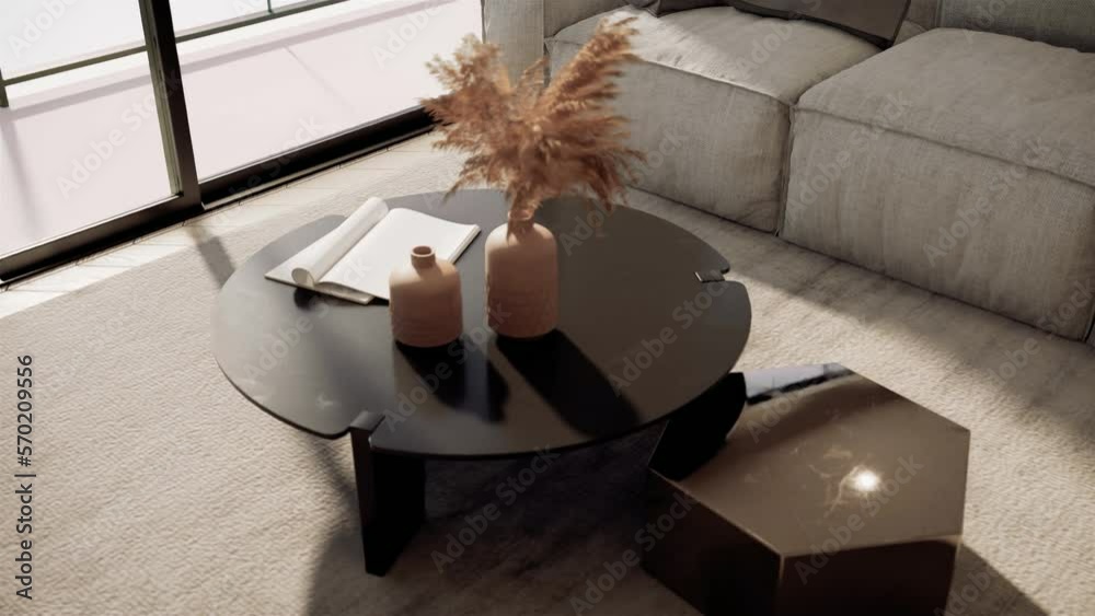 interior design of modern room with wood coffee table and sofa, close ...
