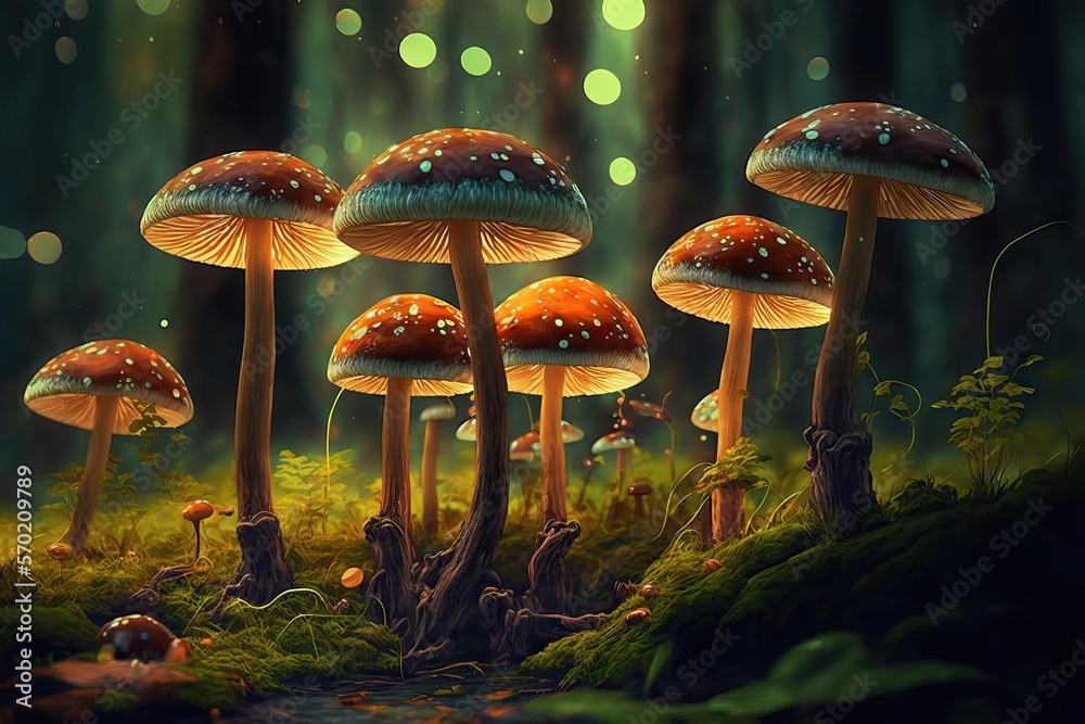 Cluster of mushrooms on a forest floor bathing in the sun rays ...