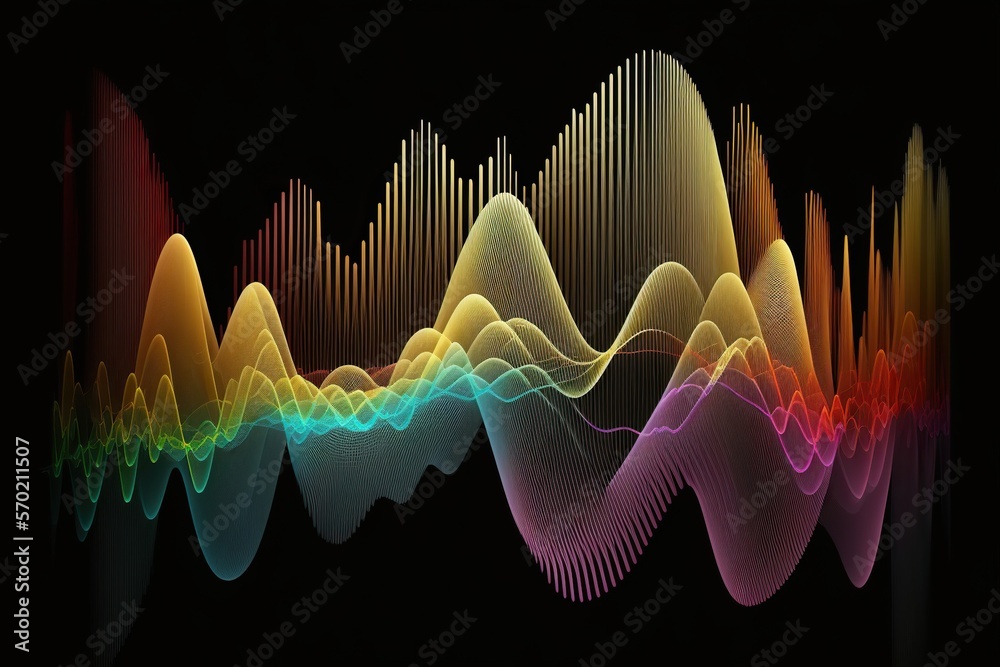 Visualization of sound waves, colorful undulating lines representing ...