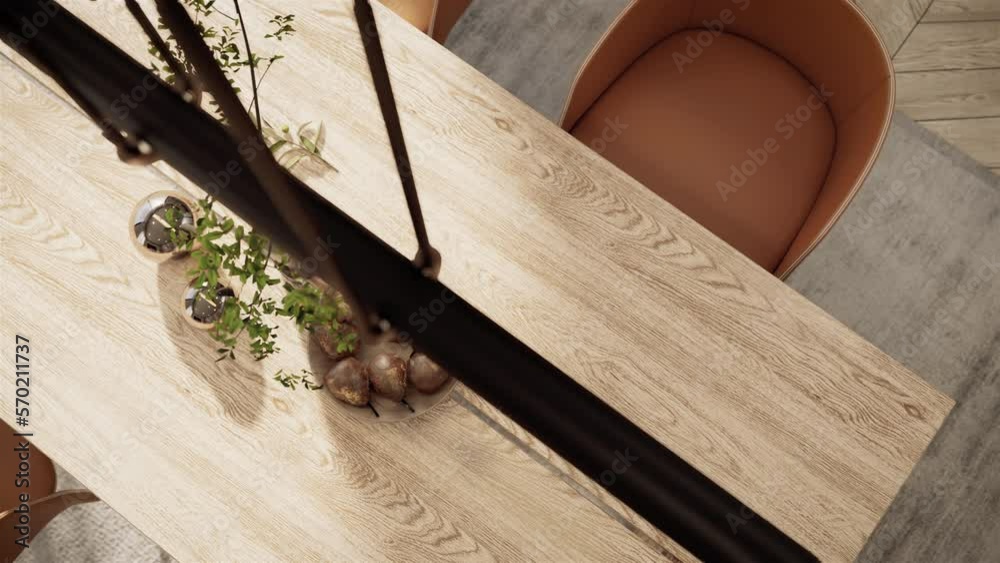 3D rendering animation interior design of modern room with wood dining ...