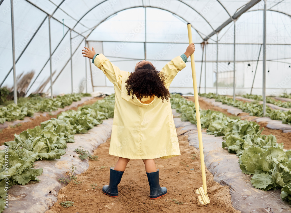 Child, girl or arms up in farming success, greenhouse harvest or ...