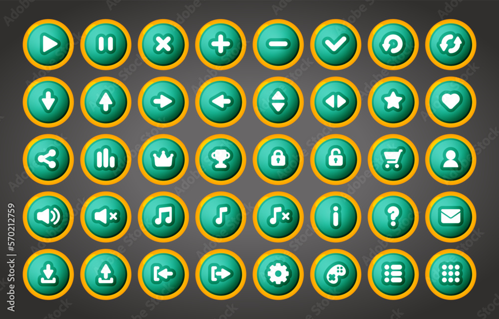 Colorful round UI game buttons in cartoon style. Vector game user ...