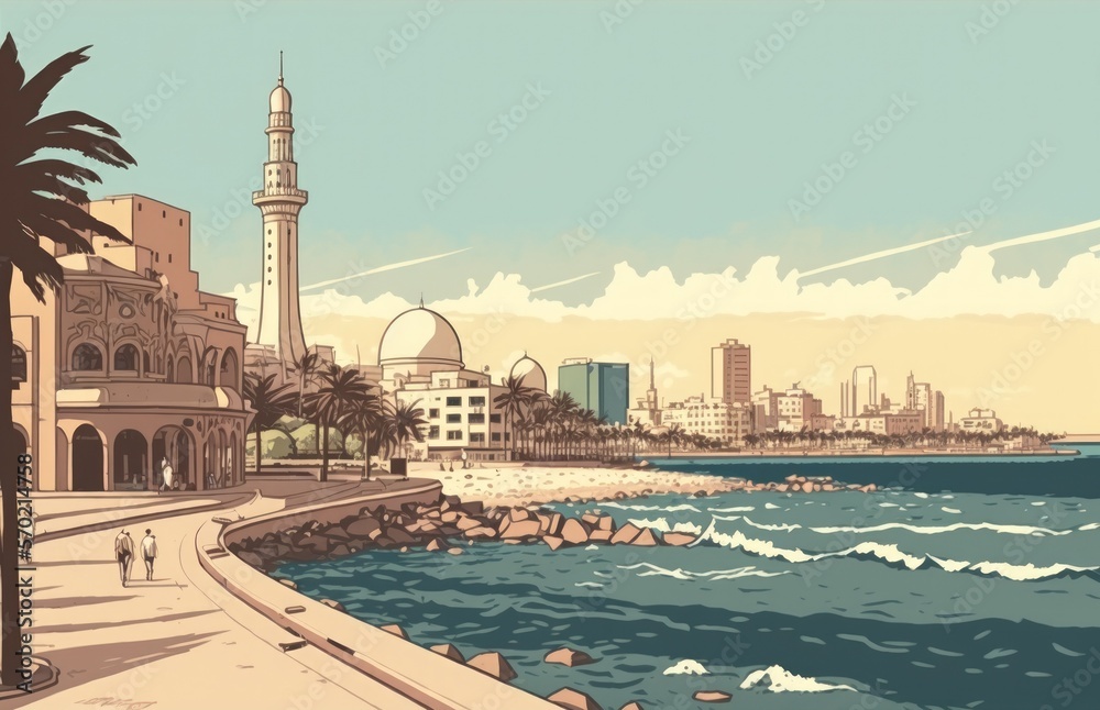 Red Sea Coast, Jeddah Corniche, and Waterfront Mosque. Generative AI ...